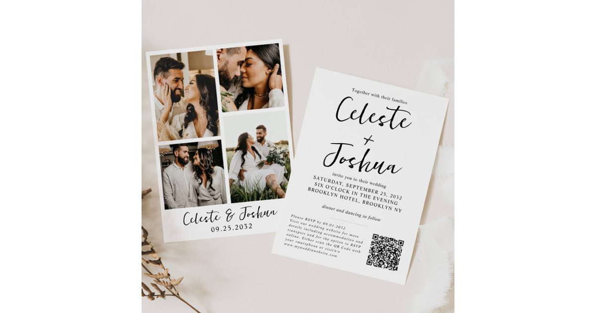 Modern Chic Elegant 4 Photo QR Code Wedding Invitation | Zazzle