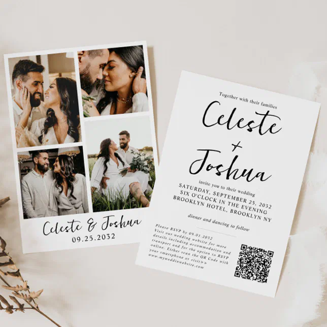 Modern Chic Elegant 4 Photo QR Code Wedding Invitation | Zazzle