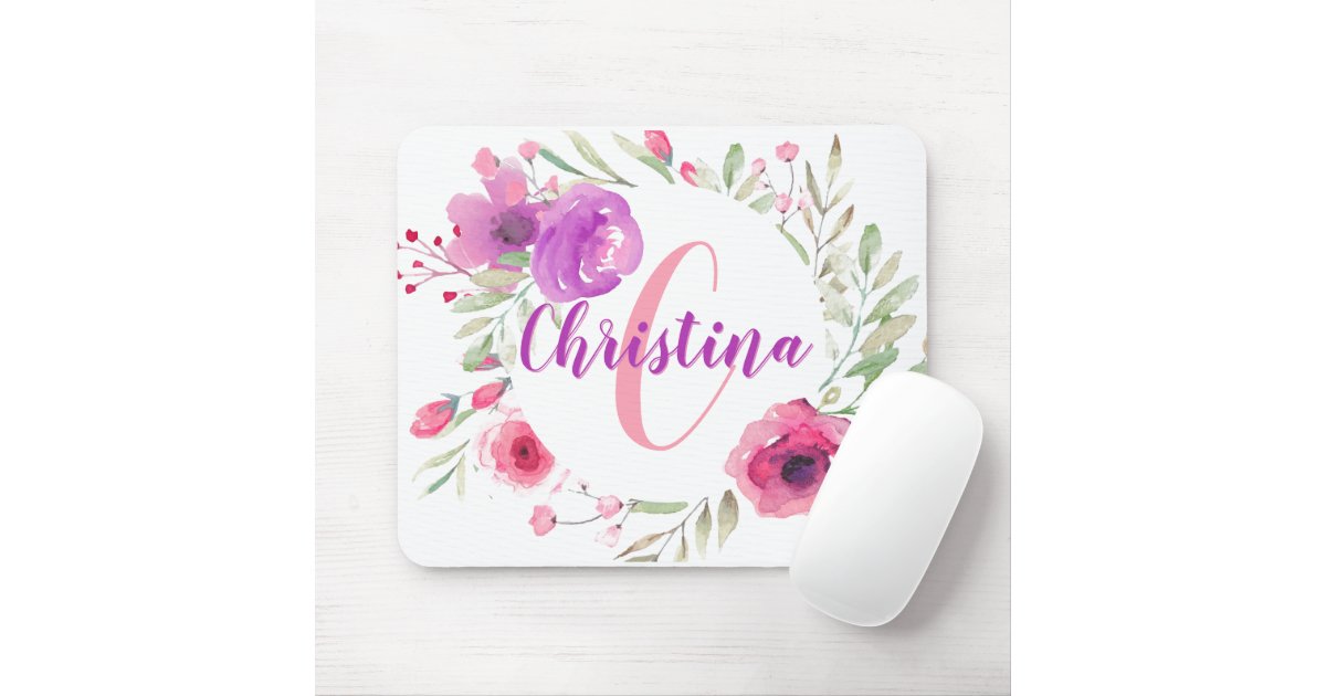 Modern Chic Girly Floral Pink Watercolor Monogram Mouse Pad | Zazzle
