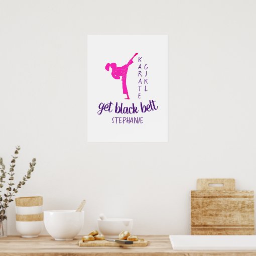 Modern Chic Girly Pink Karate Silhouette with Name Poster | Zazzle