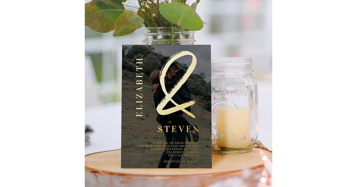 Modern chic gold ampersand names photo wedding foil invitation | Zazzle