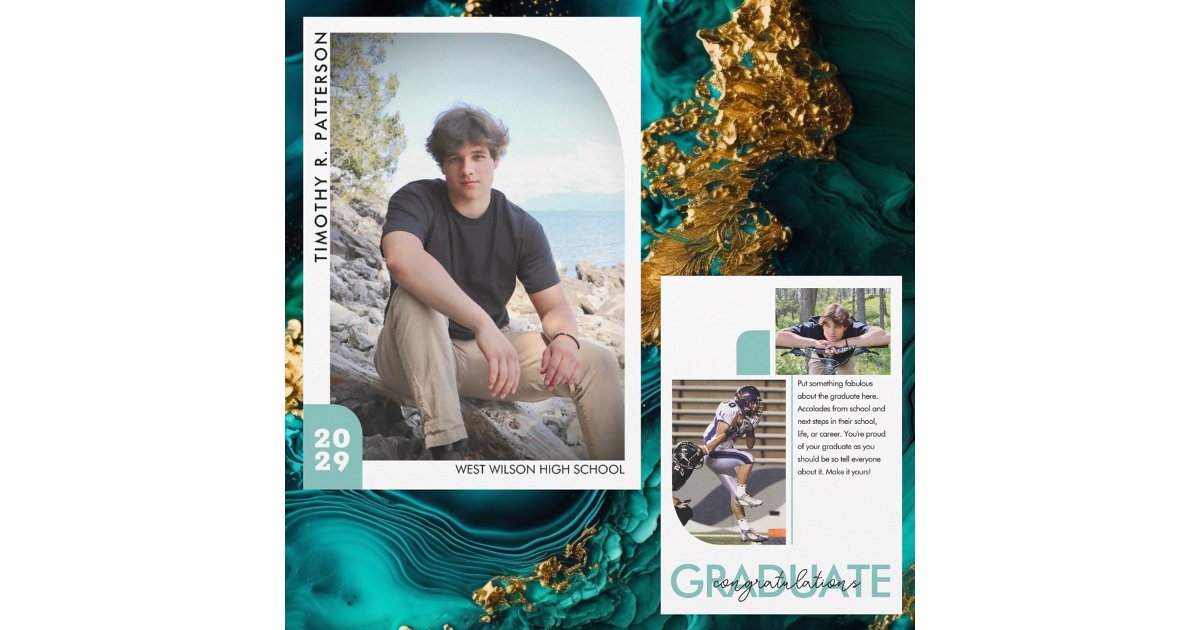 Modern Chic Graduate 3 Photo Teal Graduation Announcement | Zazzle