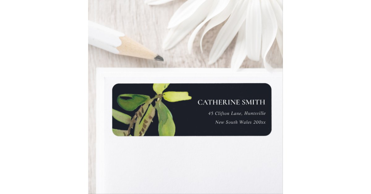 MODERN CHIC LEAFY BLACK FOLIAGE WATERCOLOR ADDRESS LABEL | Zazzle