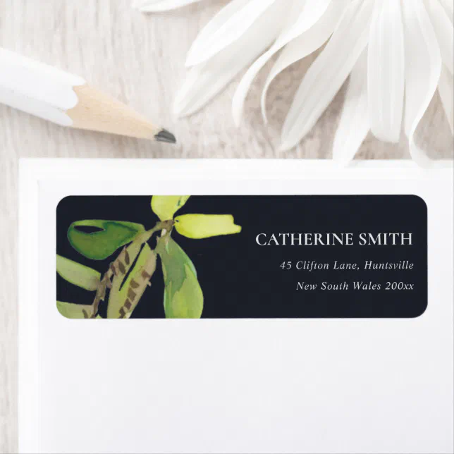 MODERN CHIC LEAFY BLACK FOLIAGE WATERCOLOR ADDRESS LABEL | Zazzle