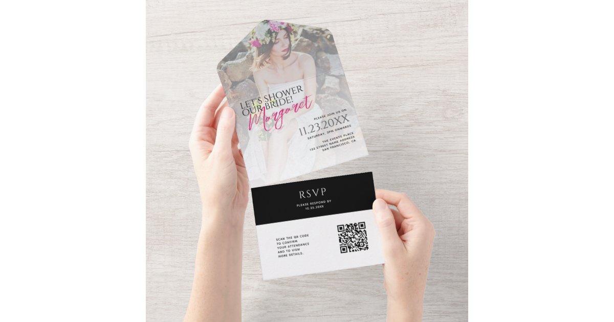 Modern Chic Let's Shower Our Bride Photo QR Code All In One Invitation ...