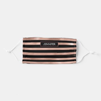 Modern Chic Monogram Pink Rose Gold Black Stripes Adult Cloth Face Mask ...