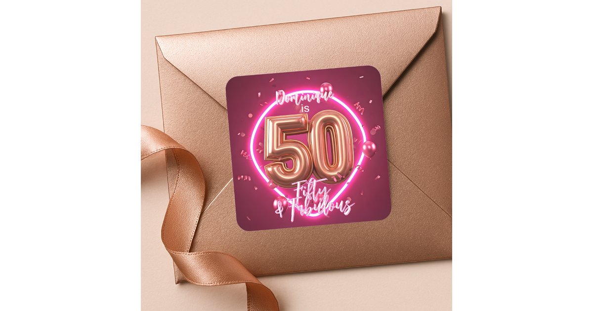 Modern Chic Neon Glow Rose Gold 50th Birthday Square Sticker | Zazzle