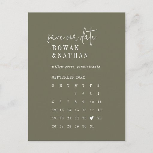 Modern Chic Olive Green Calendar Save the Date Invitation Postcard | Zazzle