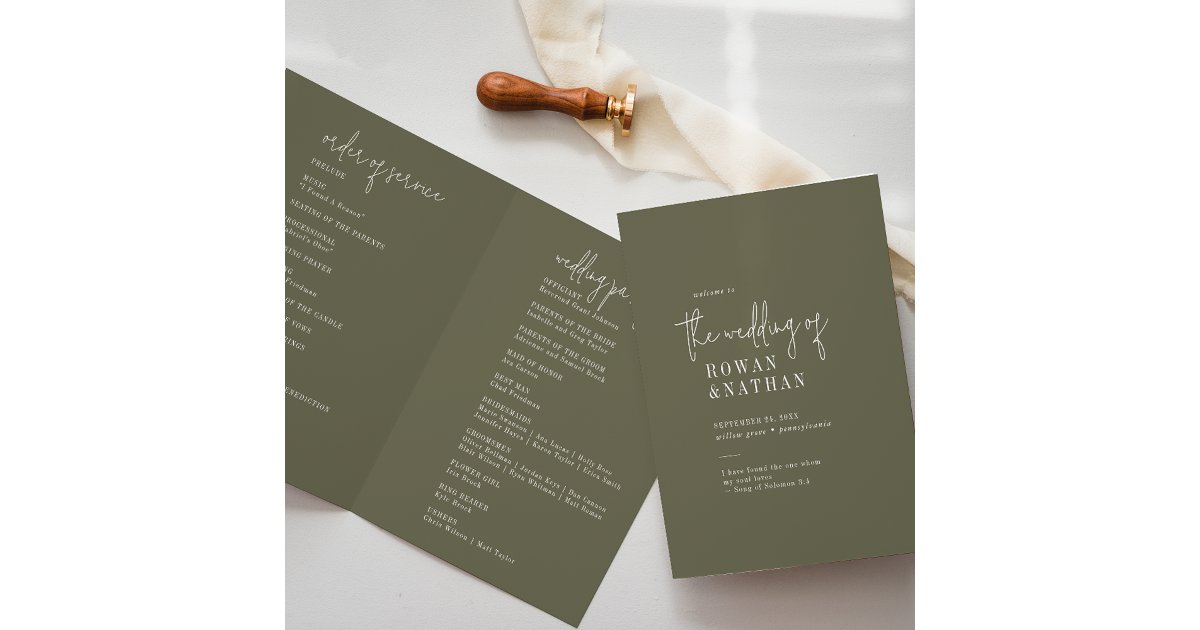 Modern Chic Olive Green Folded Wedding Program | Zazzle