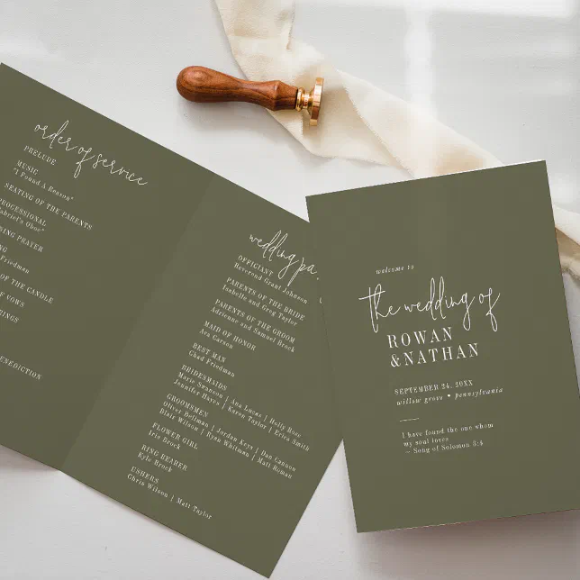 Modern Chic Olive Green Folded Wedding Program | Zazzle