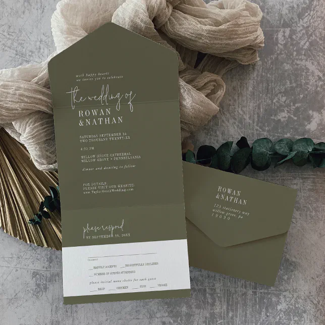 Modern Chic Olive Green Wedding All In One Invitation | Zazzle