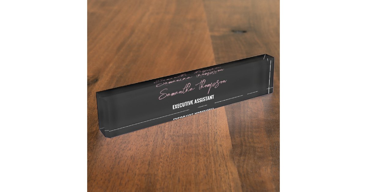 Modern Chic Pink Black Minimalist Script Desk Name Plate | Zazzle