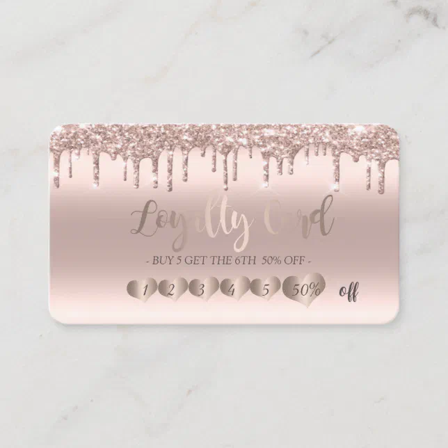 Modern Chic Rose Gold Hearts Glitter Drips Loyalty Card | Zazzle