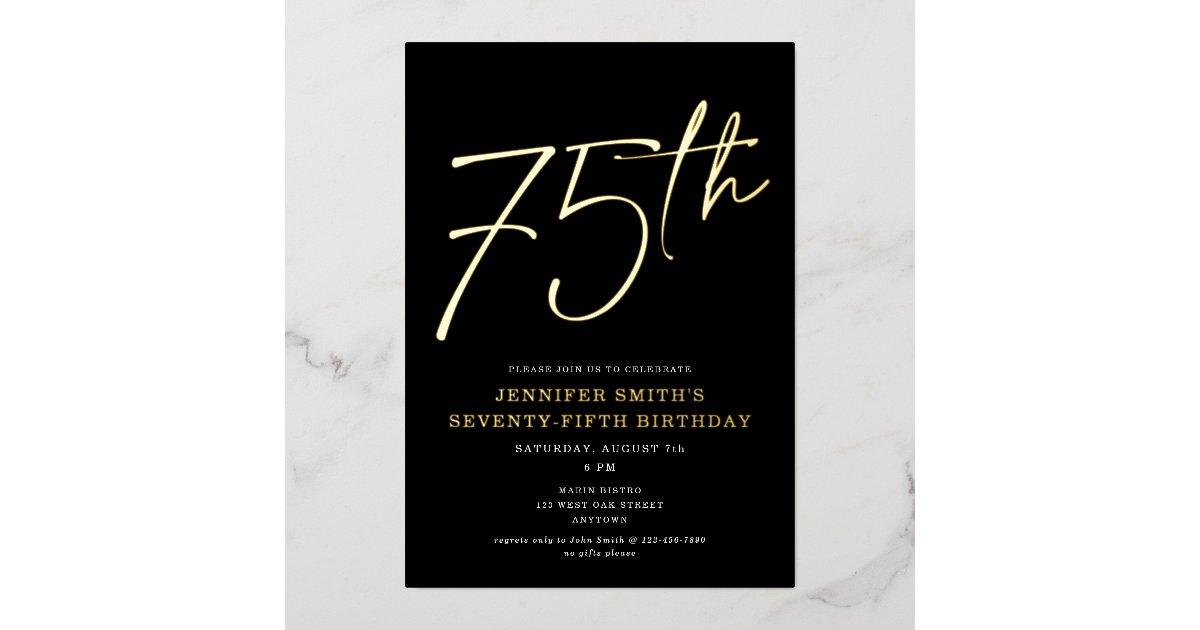 Modern Chic Script 75th Birthday Party Gold Foil Invitation | Zazzle