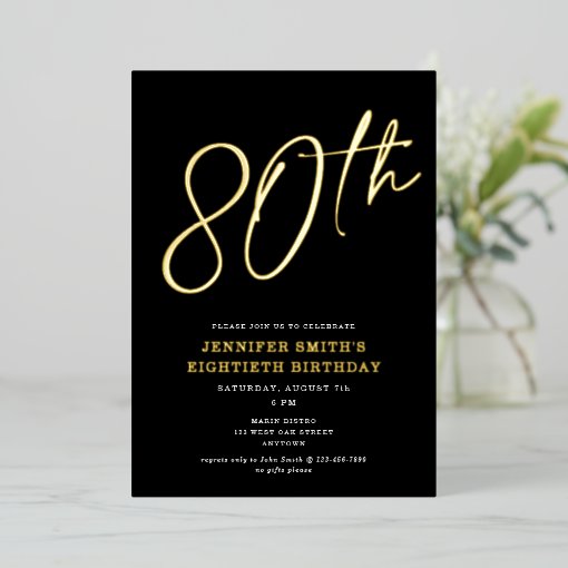 Modern Chic Script Eightieth 80th Birthday Party Foil Invitation | Zazzle