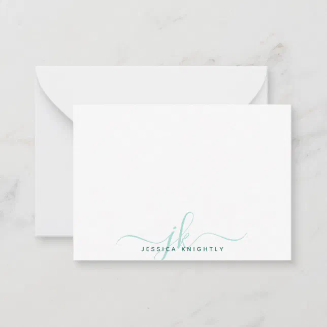 Modern Chic Script Turquoise Monogram Initials Note Card | Zazzle