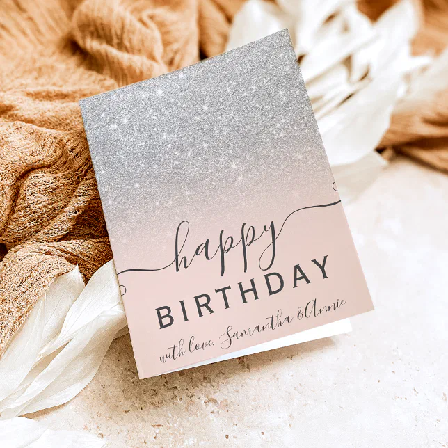 Modern chic silver glitter ombre 2 photo birthday card | Zazzle