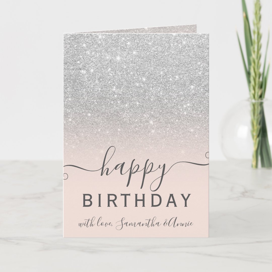 Modern chic silver glitter ombre 2 photo birthday card | Zazzle