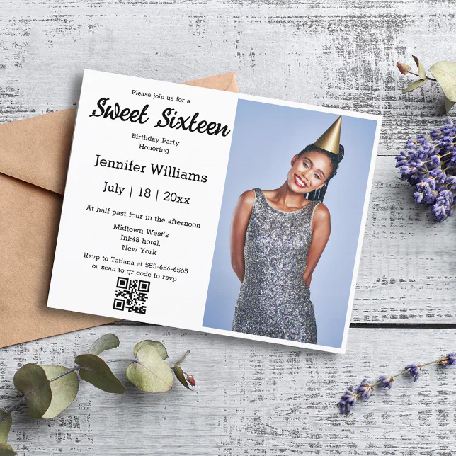 modern chic sweet sixteen qr code photo invitation | Zazzle