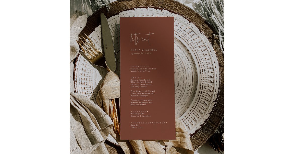 Modern Chic Terracotta Rust Let's Eat Wedding Menu | Zazzle