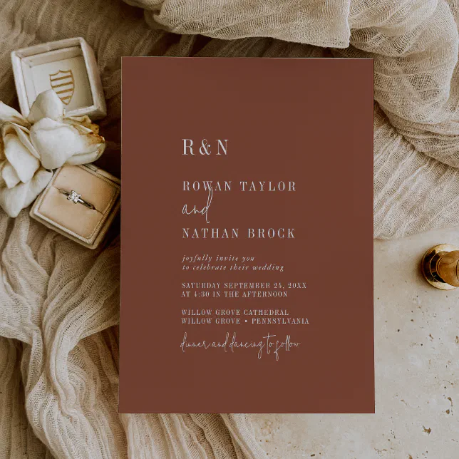 Modern Chic Terracotta Rust Monogram Wedding Invitation | Zazzle