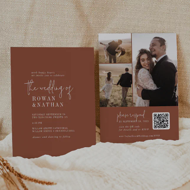Modern Chic Terracotta Rust QR Code Photo Wedding Invitation | Zazzle