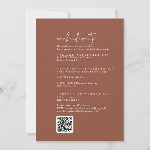 Modern Chic Terracotta Weekend Events QR Wedding Invitation | Zazzle
