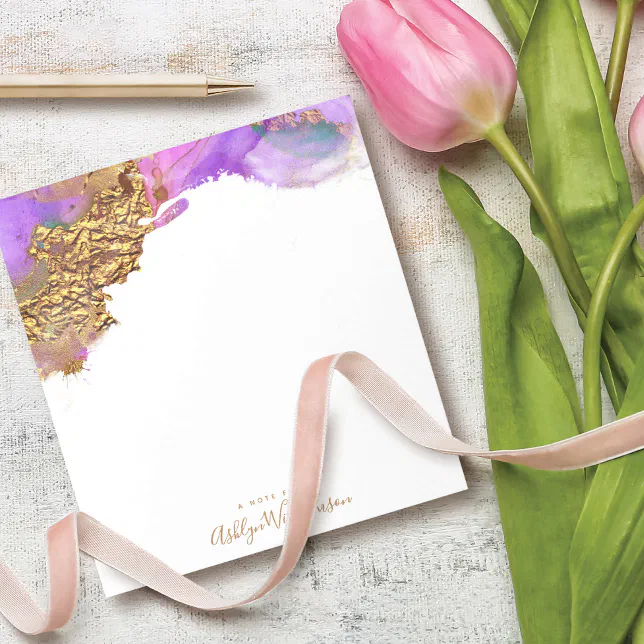 Modern, chic watercolor gold pink purple splatter notepad | Zazzle