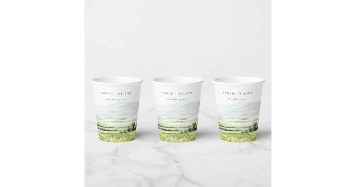 Modern Chic Watercolor Vineyard Landscape Wedding Paper Cups | Zazzle