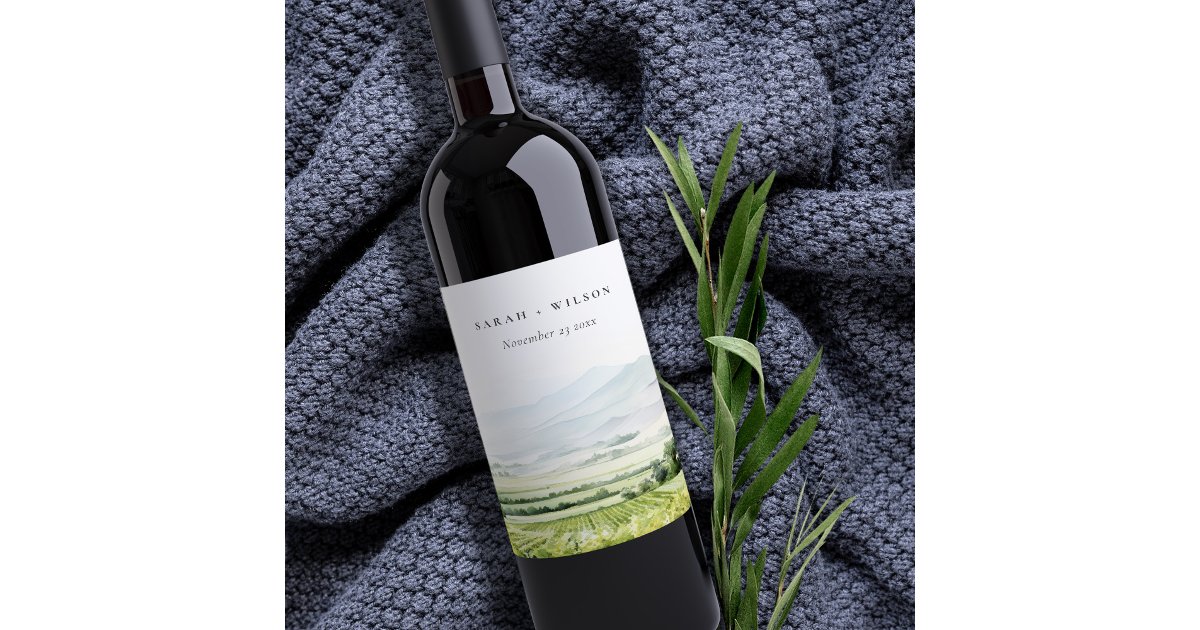 Modern Chic Watercolor Vineyard Landscape Wedding Wine Label | Zazzle