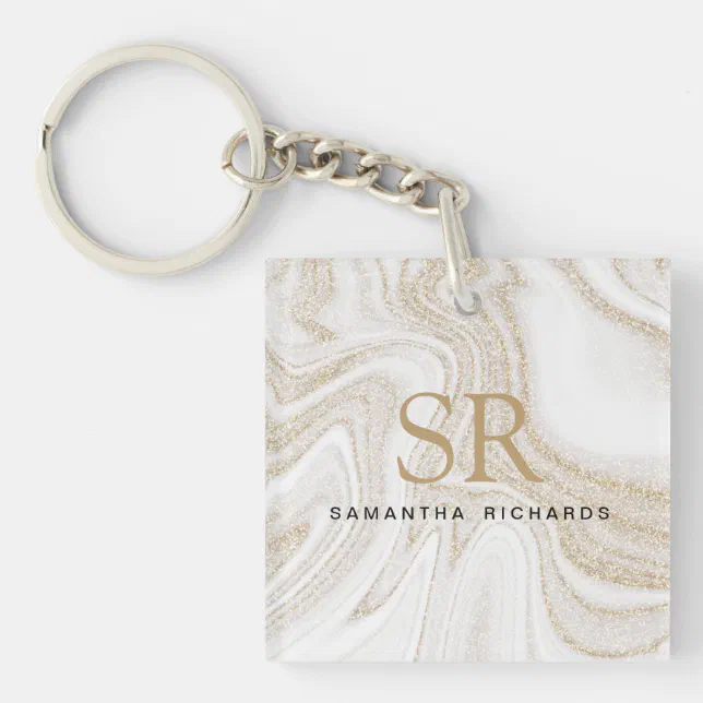 Modern chic white marble gold glitter monogram keychain | Zazzle