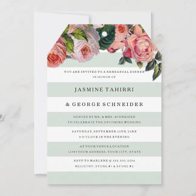 MODERN Chic Wide Stripes w Roses, Mint Green Invitation | Zazzle