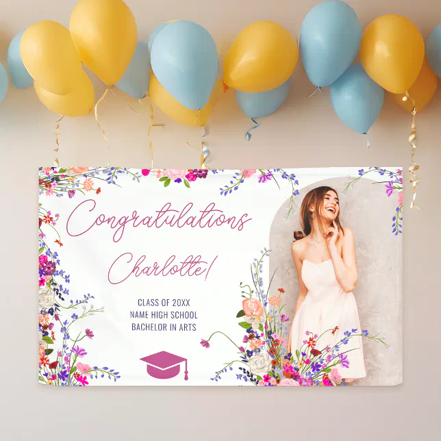 Modern chic wild flowers script photo graduation banner | Zazzle