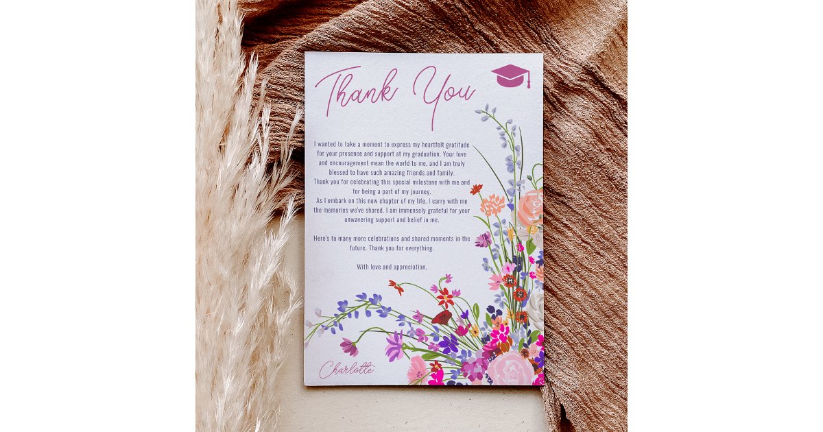 Modern chic wild flowers script pretty graduation thank you card | Zazzle