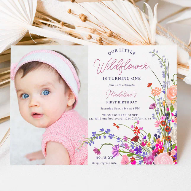 Modern chic wildflower script photo 1st birthday invitation | Zazzle