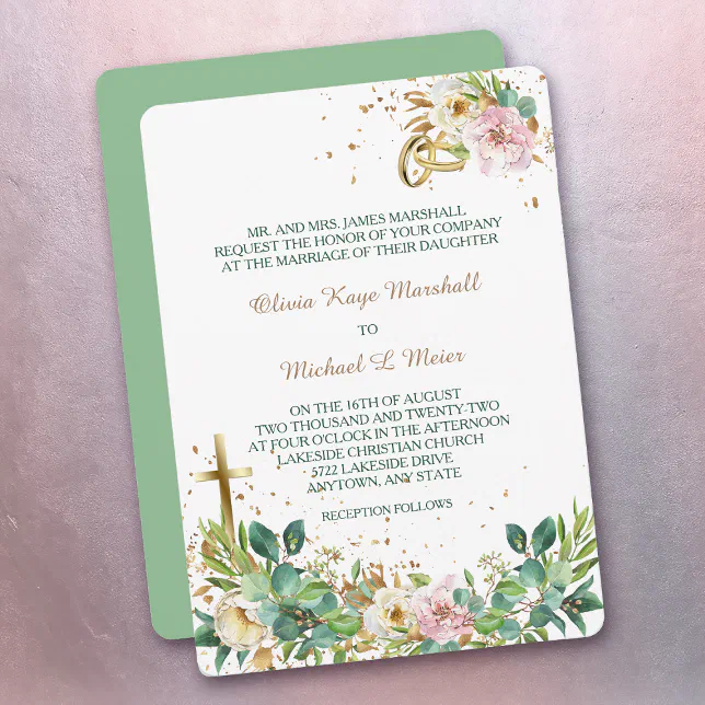 Modern Christian Cross and Rings Floral Wedding Invitation | Zazzle