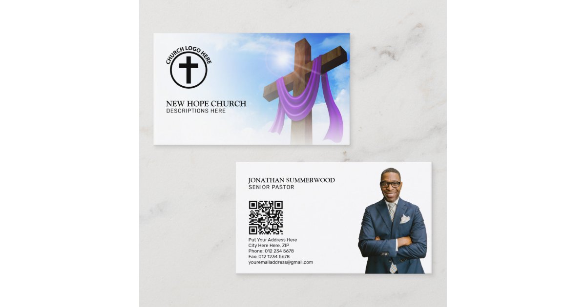 Modern Christian Pastor Cross Cloudscape QR Code Business Card | Zazzle