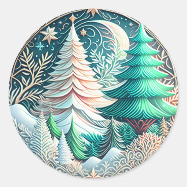 Modern Christmas Elegant Trees Illustration Classic Round Sticker | Zazzle