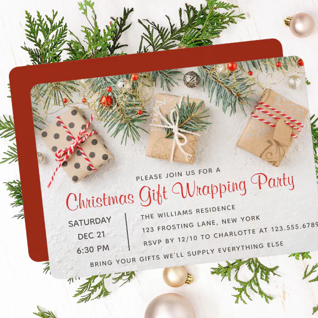 Modern Christmas Gift Wrapping Party Invitations | Zazzle