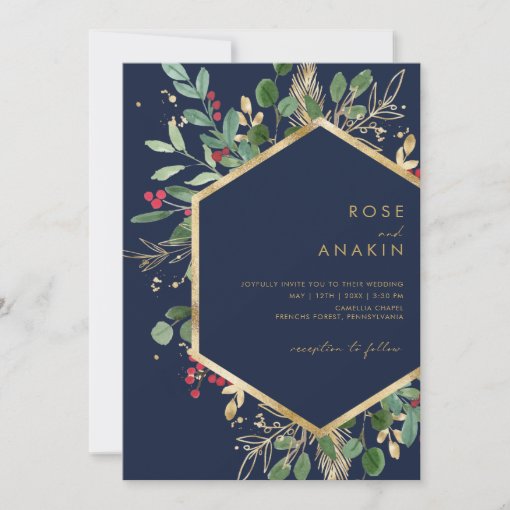 Modern Christmas Greenery | Navy All In One Invitation | Zazzle
