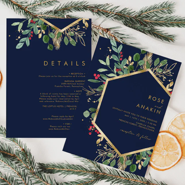 Modern Christmas Greenery | Navy All In One Invitation | Zazzle