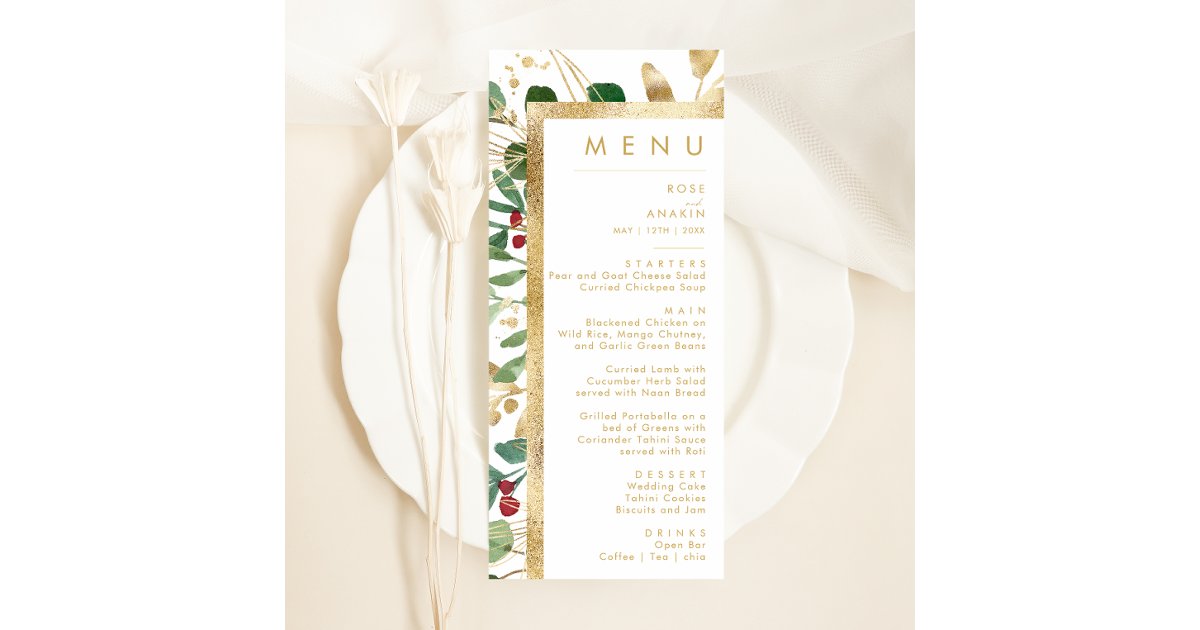 Modern Christmas Greenery | White Wedding Dinner Menu | Zazzle