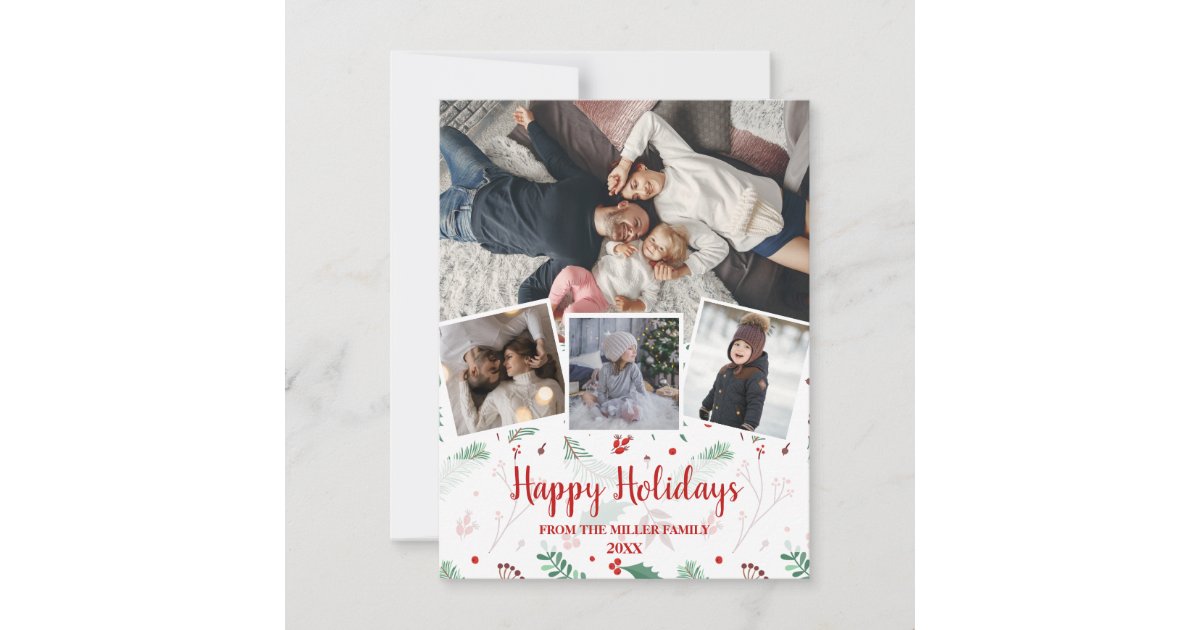 Modern Christmas Holly multi photo collage Holiday Card | Zazzle