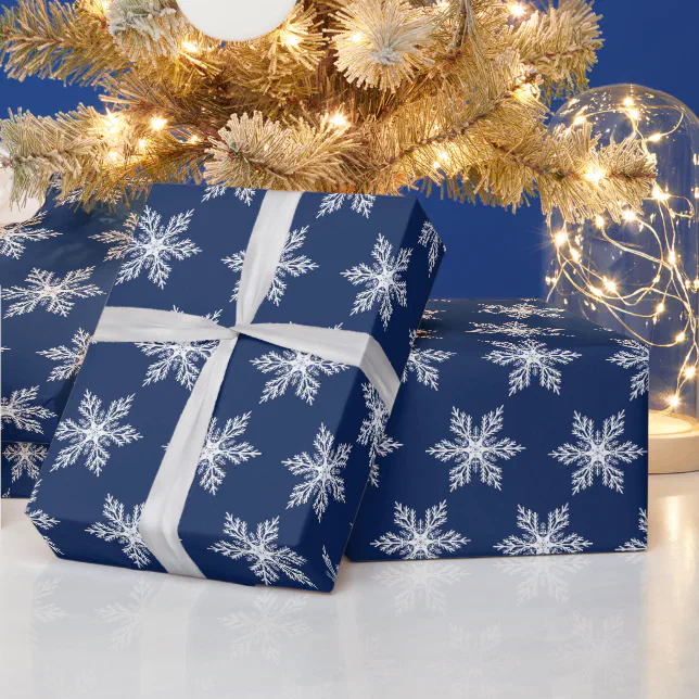 Modern Christmas Navy Blue and White Snowflakes Wrapping Paper | Zazzle