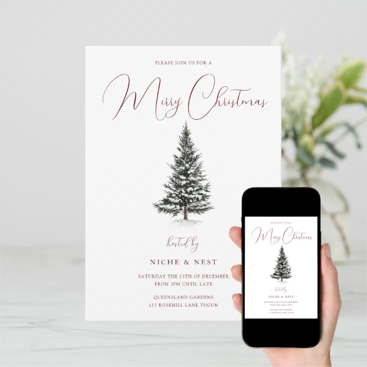 Modern Christmas Party Snowy Christmas Tree Invitation | Zazzle