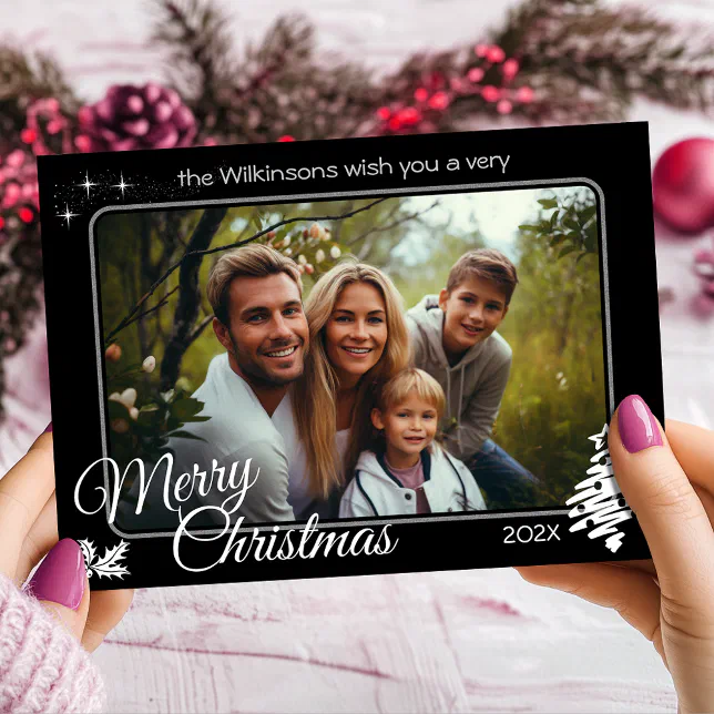 Modern Christmas Photo Black Holiday Card | Zazzle