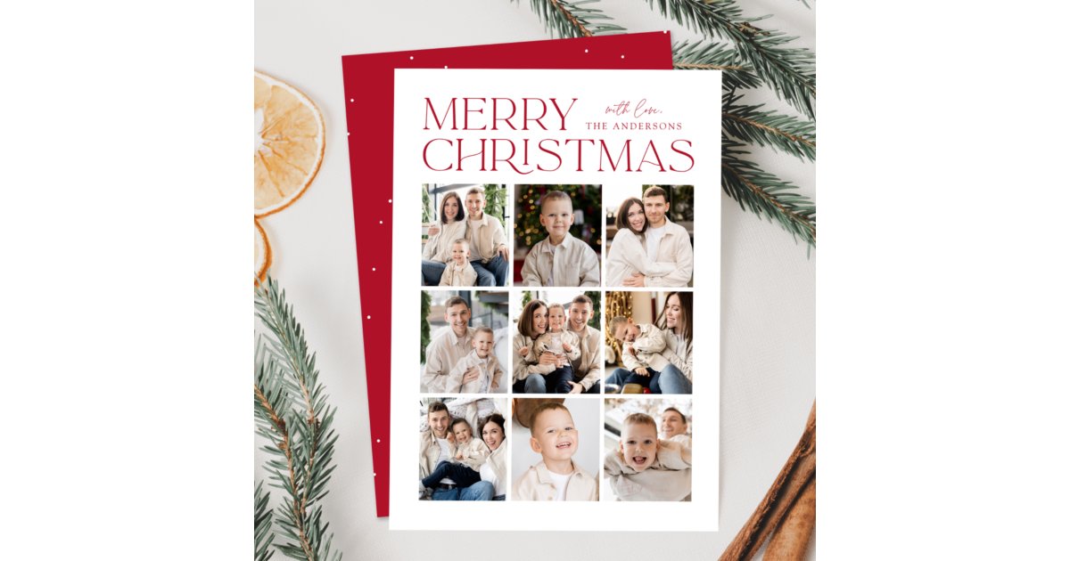 Modern Christmas Red 9 Photo Collage Holiday Card | Zazzle