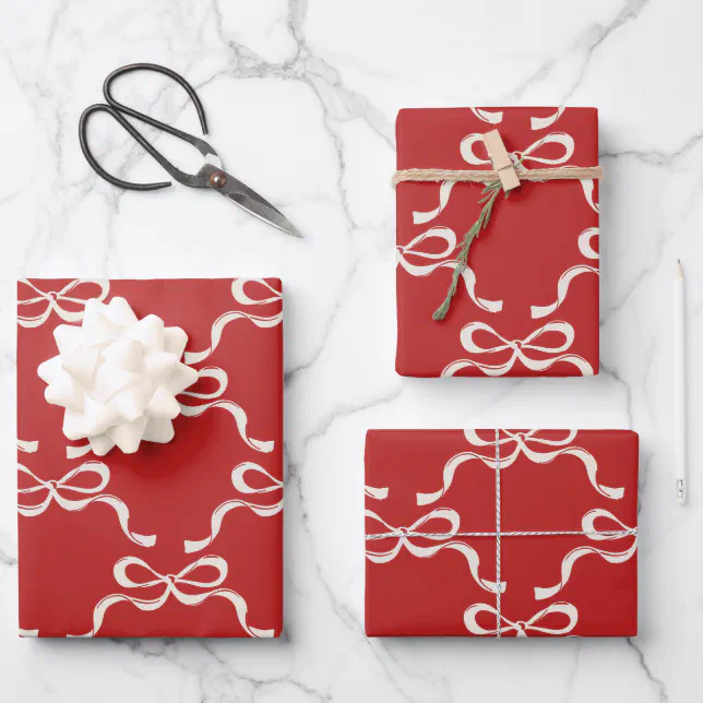 Modern Christmas Red Retro Holiday Bows Wrapping Paper Sheets | Zazzle