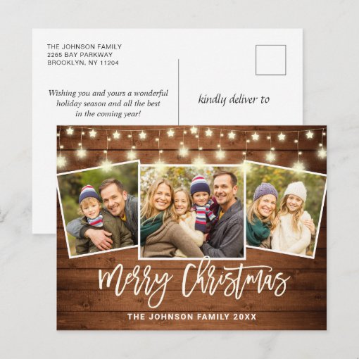 Modern Christmas Rustic 3 PHOTO Greeting Holiday Postcard | Zazzle