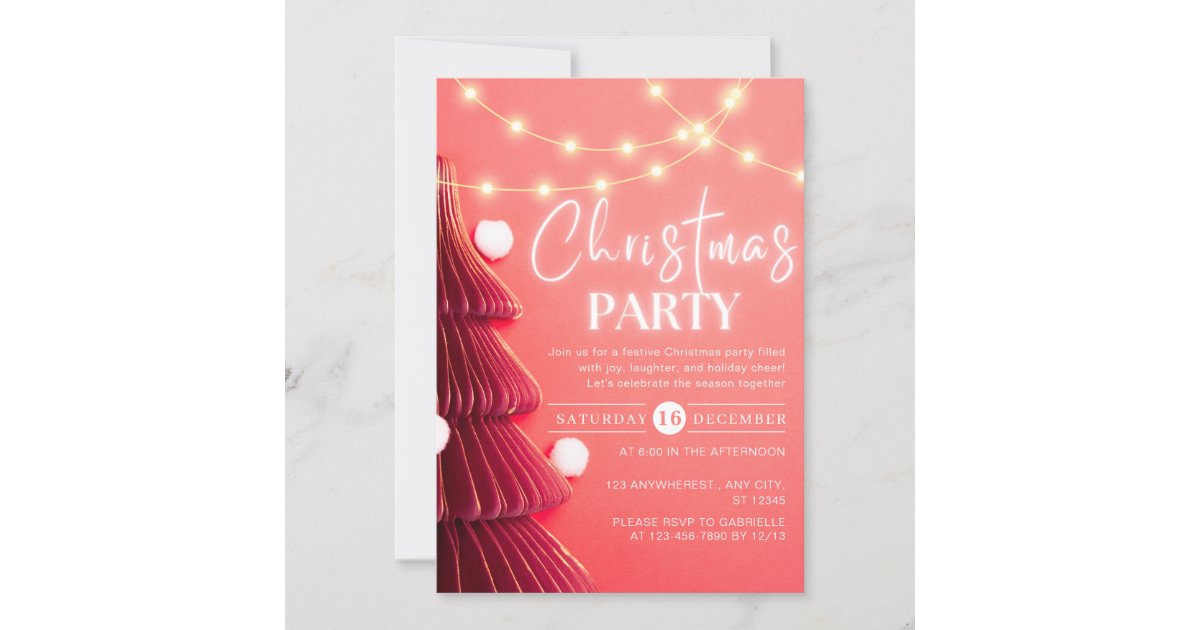 Modern Christmas Tree Neon Pink Christmas Party Invitation | Zazzle